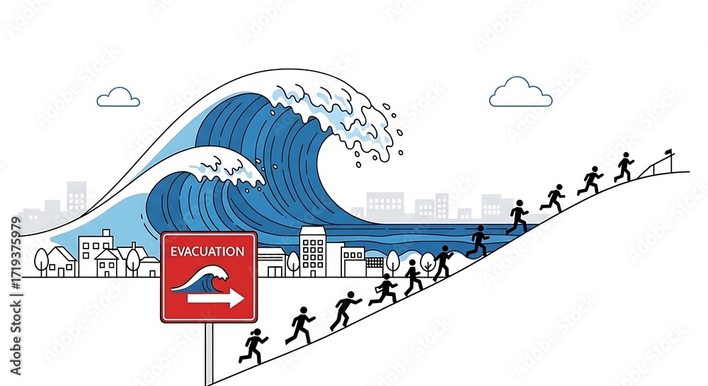 Evacuation from a Tsunami People fleeing from a giant wave towards ...
