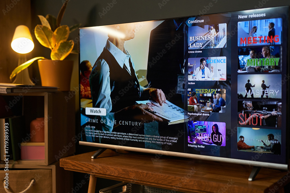 Modern flat screen television displaying streaming service interface ...