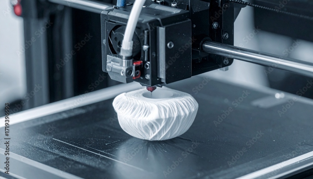 Futuristic manufacturing process showing a 3D printer fabricating a ...