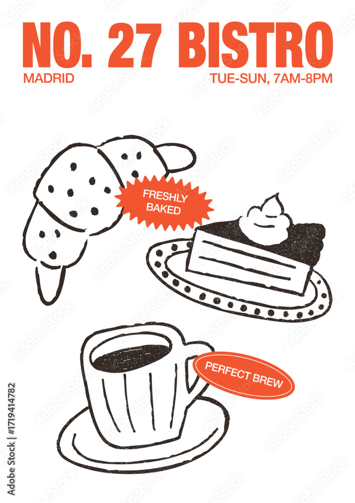 Cafe poster vector template with hand drawn coffee, croissant, cake ...