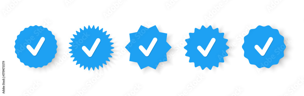 Verified badge collection with check marks. Blue approval icons in star ...