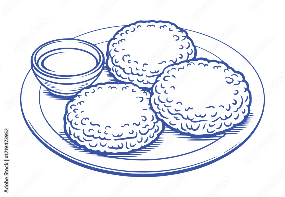 Simple Blue Line Drawing of Three Round Fried Foods with Dipping Sauce ...