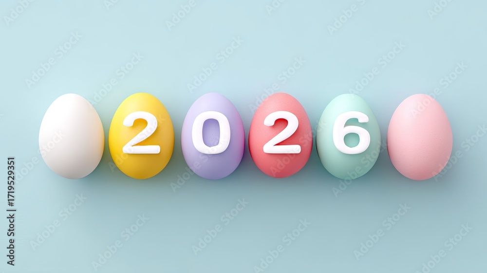 Colorful Easter Eggs with Year 2026 on Soft Blue Background for Holiday ...