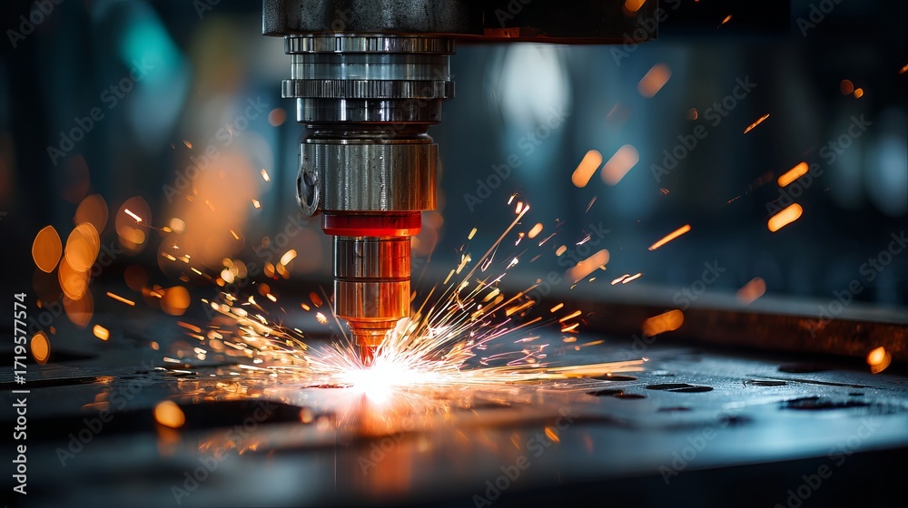 CNC plasma machine cuts metal with sparks Industrial aerospace ...