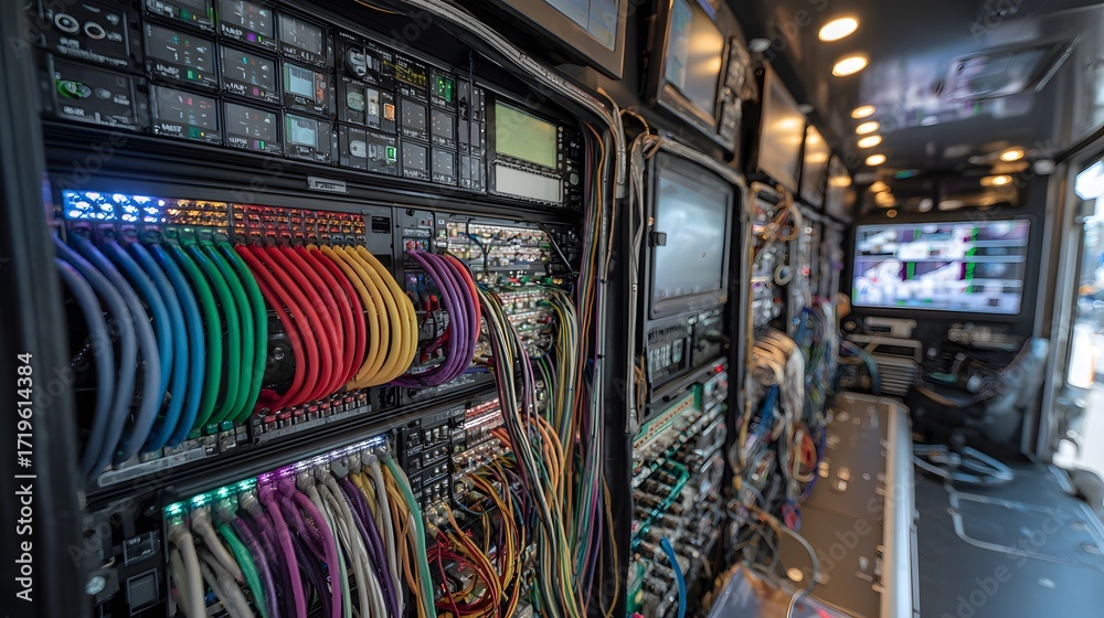 Inside a broadcast truck, showing the complex network of cables and ...