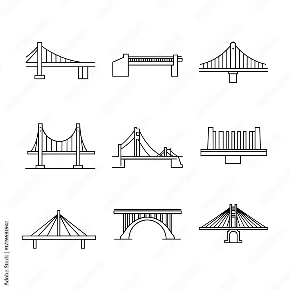 Nine black line art icons of different bridge types on white background ...