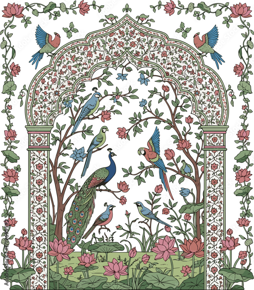 Create a Mughal pichwai arch garden with bird, plant, lotus ...