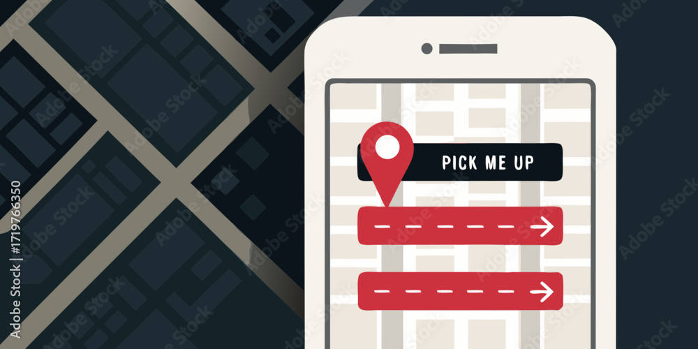 Smartphone with navigation app showing a pick up location and route on ...