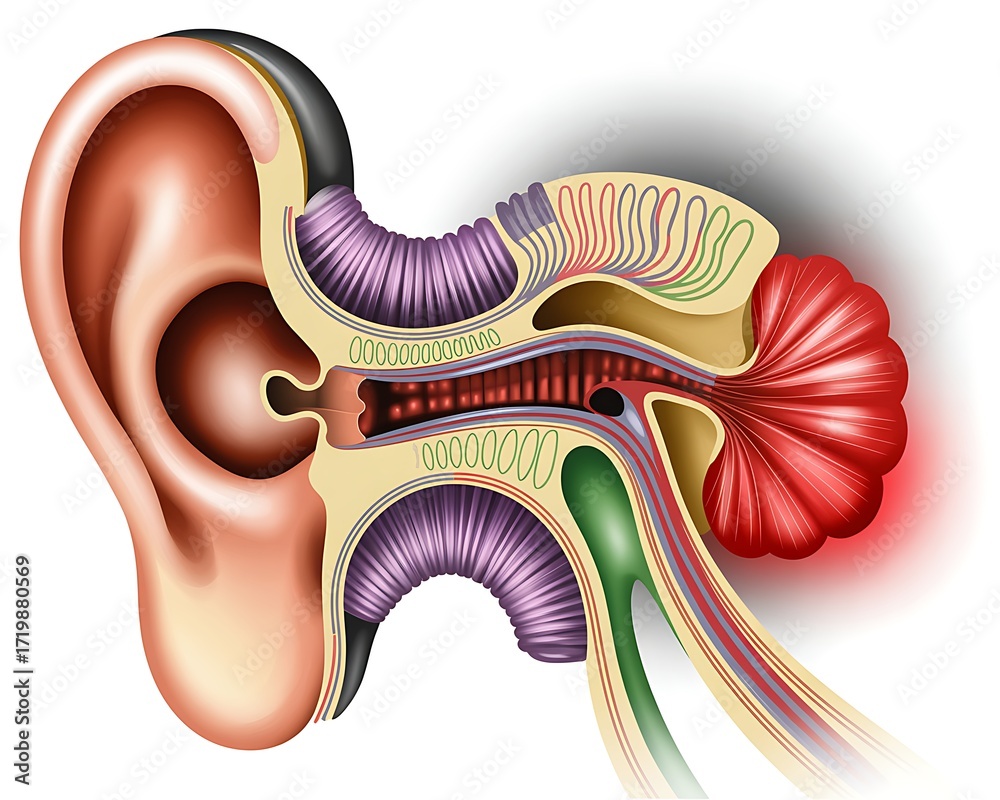 Detailed human ear anatomy cross section with cochlea and auditory ...