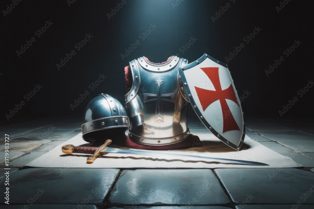 Medieval-style armor with shield bearing red cross illuminated by ...