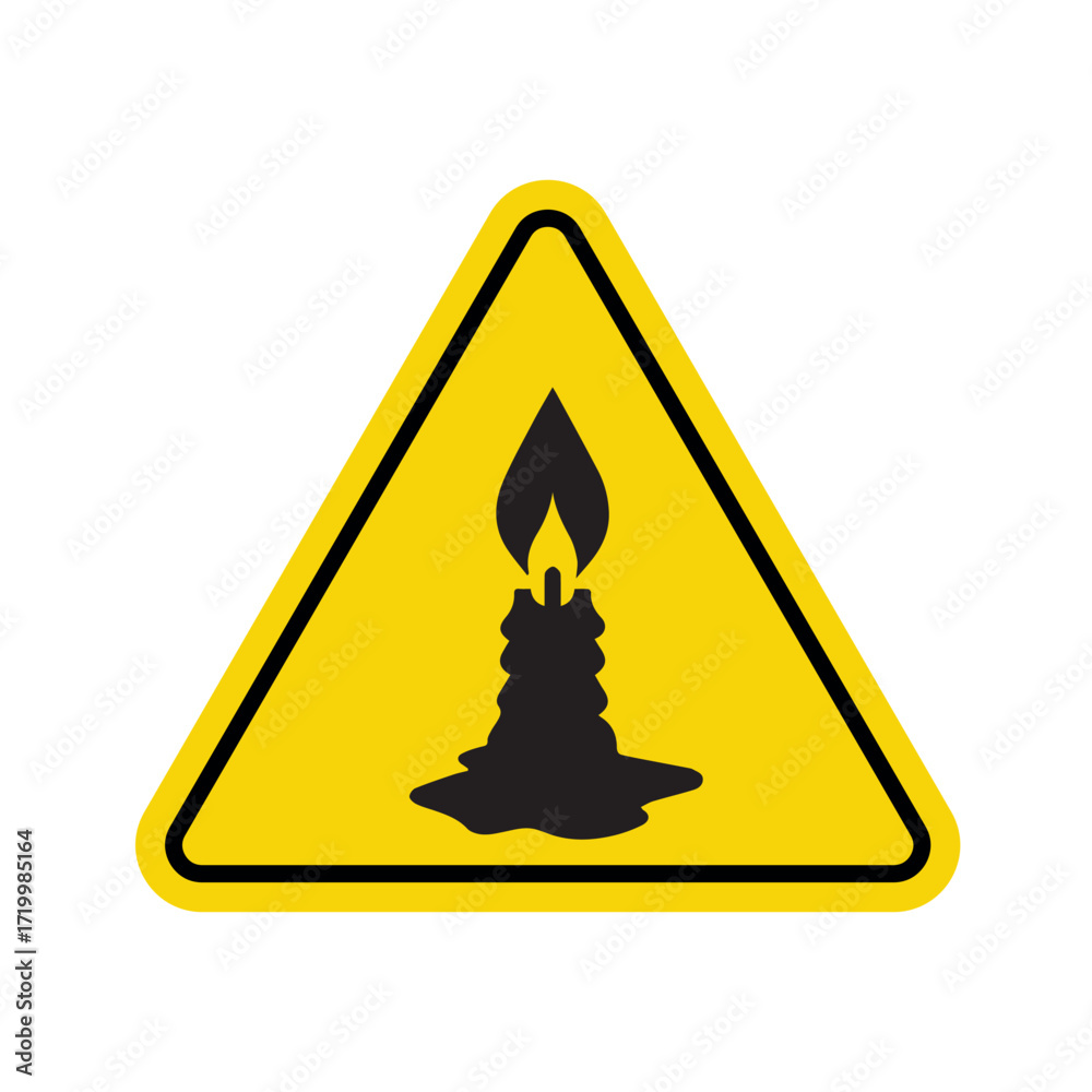 caution warning sign with burning candle flame symbol inside yellow ...