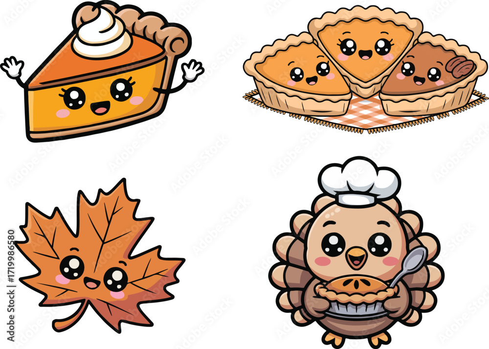 Cute thanksgiving characters including pumpkin pie, leaf, and turkey ...