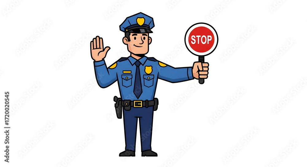 Cartoon police officer holding stop sign, directing traffic with ...