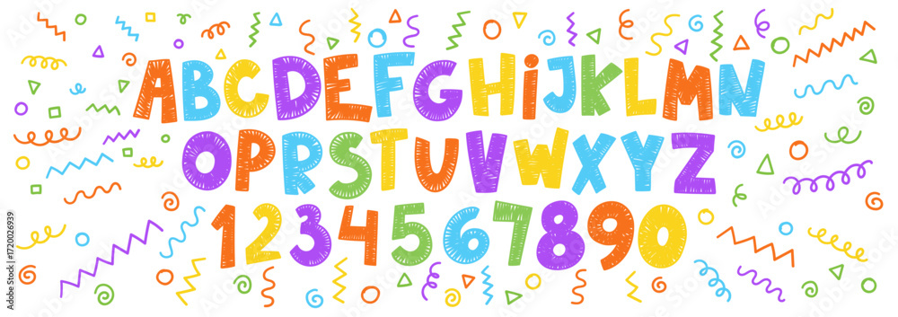 Funky children font, cartoon kids alphabet with crayon, pastel or chalk ...