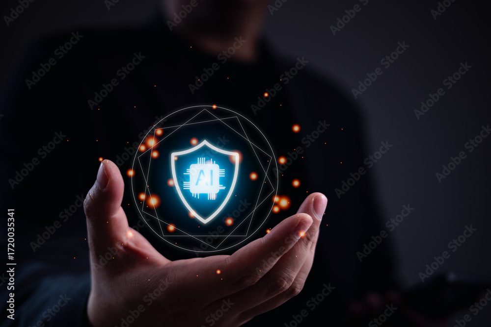 Secure AI model protection concept with shield icon and digital ...