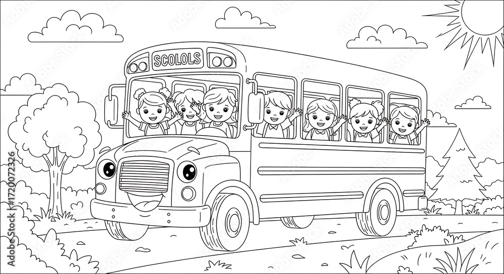 School Bus Coloring Page with Happy Children Ready for Educational ...