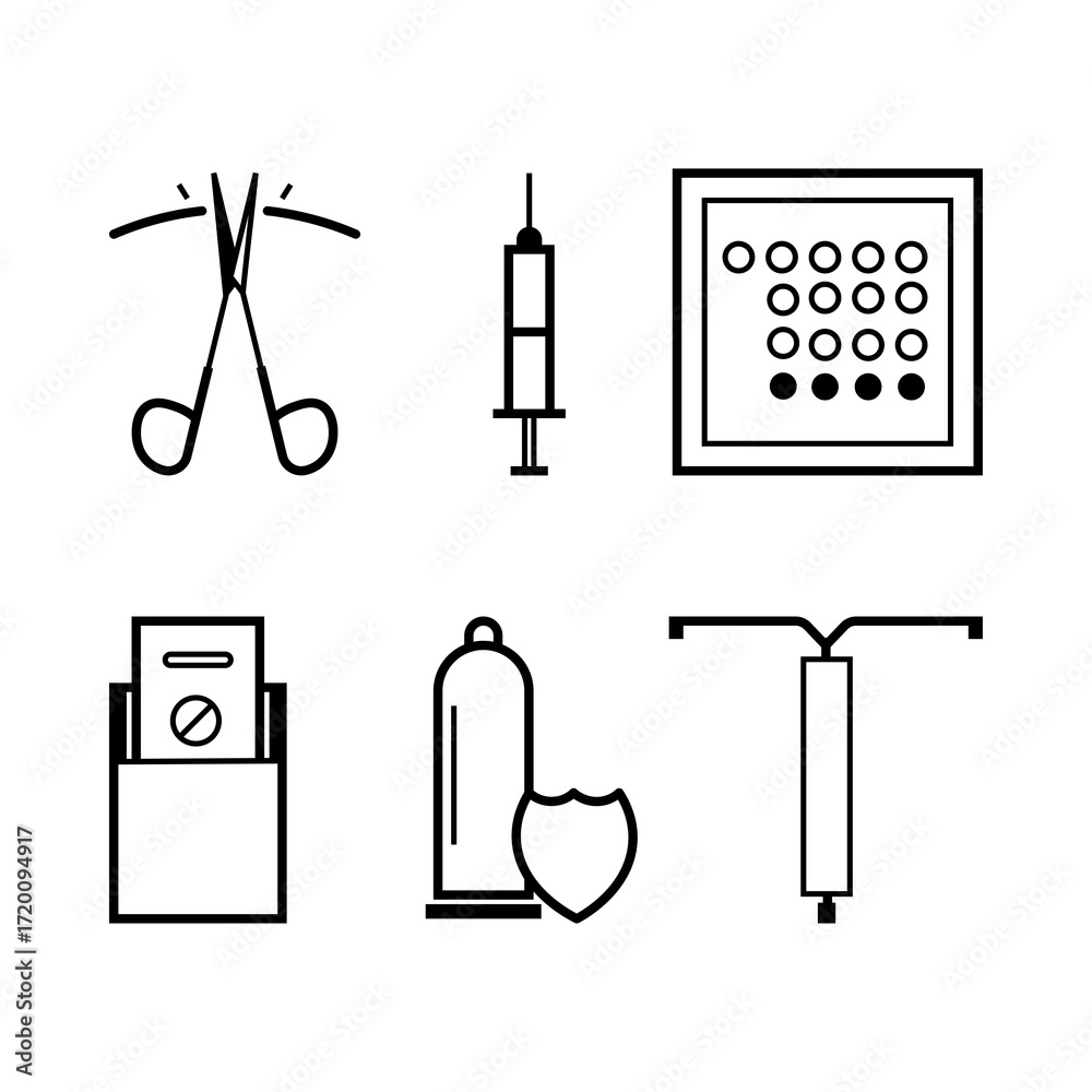 Medical instruments and birth control icons healthcare contraception ...