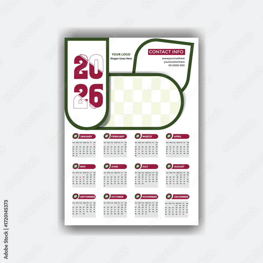 Stockvector Monthly calendar layout for 2026 year. Diary planner for ...