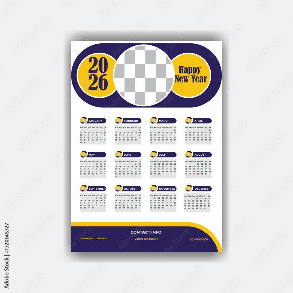 Image vectorielle Stock Monthly calendar layout for 2026 year. Diary ...