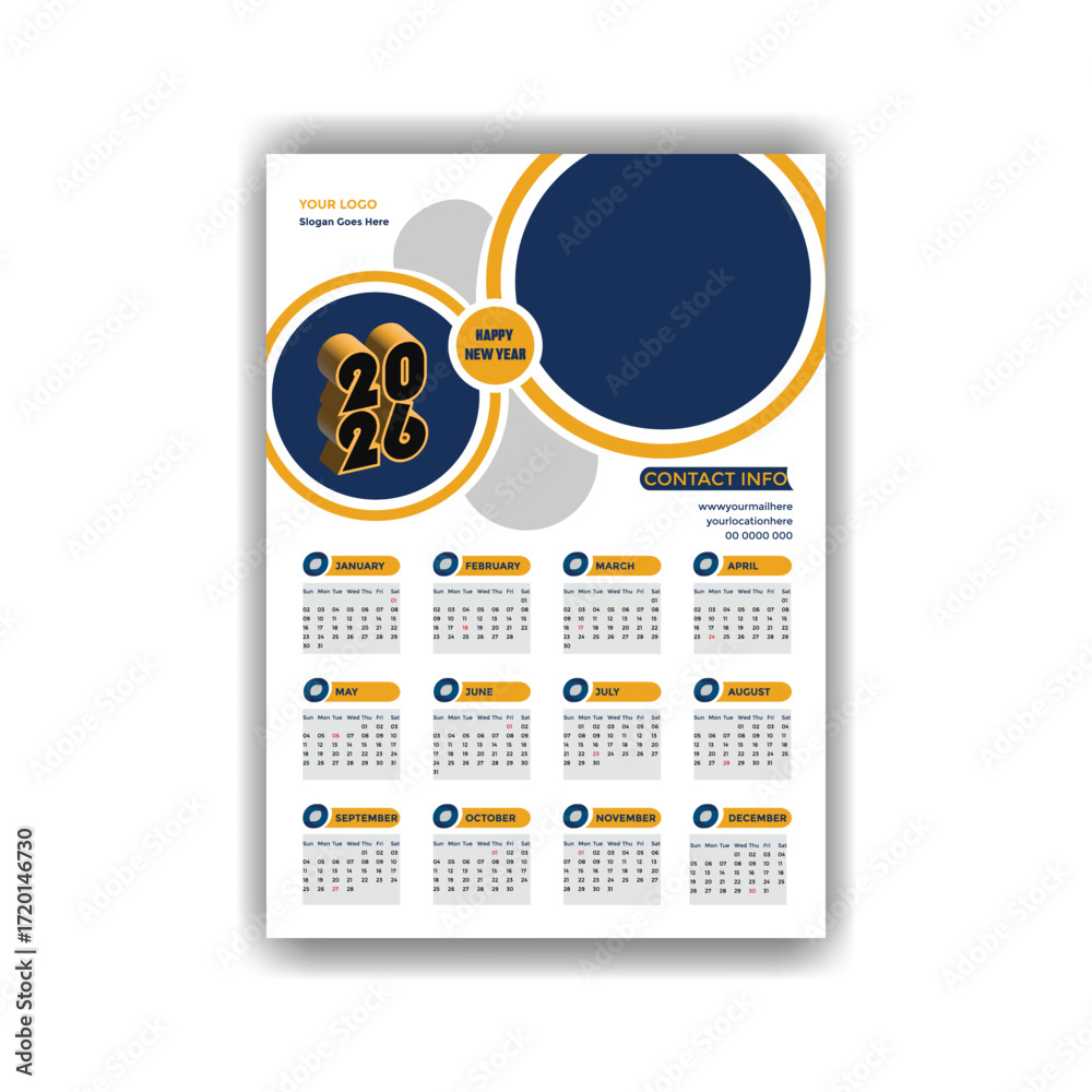 Vector de Stock Monthly calendar layout for 2026 year. Diary planner ...