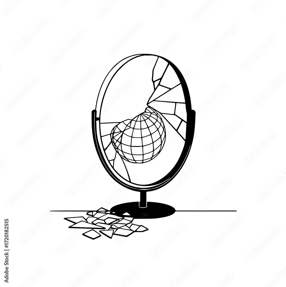 Broken mirror reflection of globe world map concept art for ...