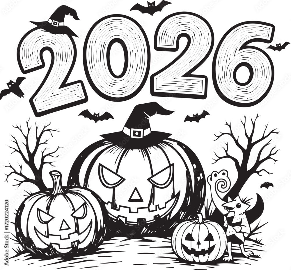 Image vectorielle Stock Halloween 2026 Spooky Scene, Black and White ...