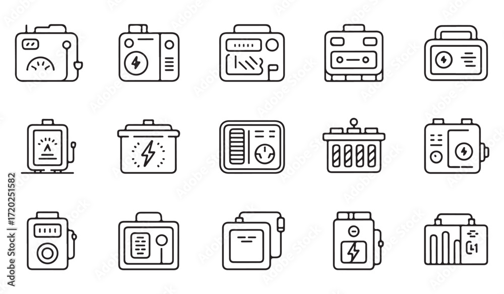 Outline icons of portable generator boxes, battery packs, and energy ...
