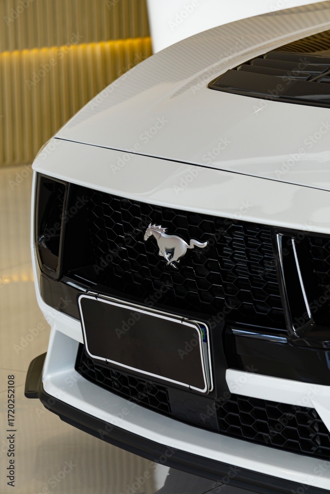Ford Mustang GT pony emblem on the front grille, Iconic muscle car in a ...