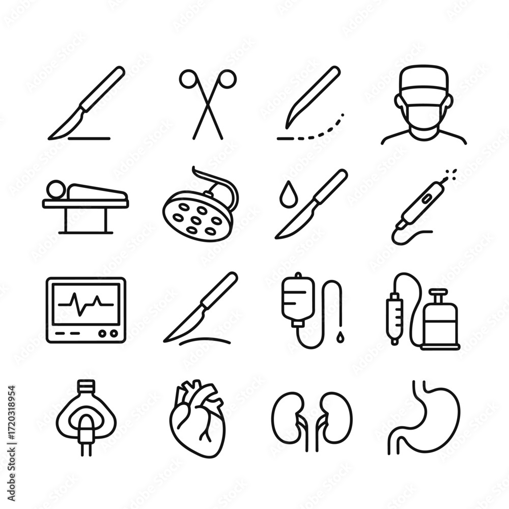 Medical surgery procedure icons vector set. Outline symbols. Line ...