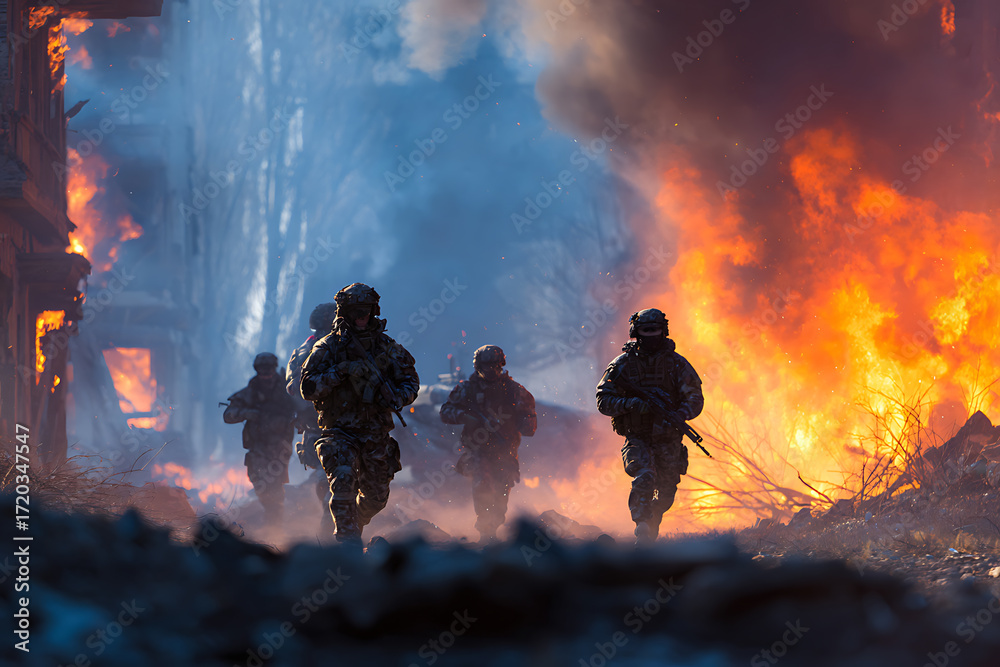 military battle scene, russian special forces in modern camo advance ...
