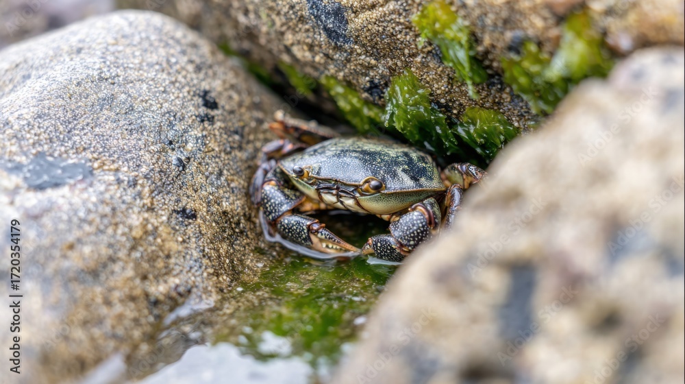 Crab hiding between rocks in shallow tidal pool, close up view ...