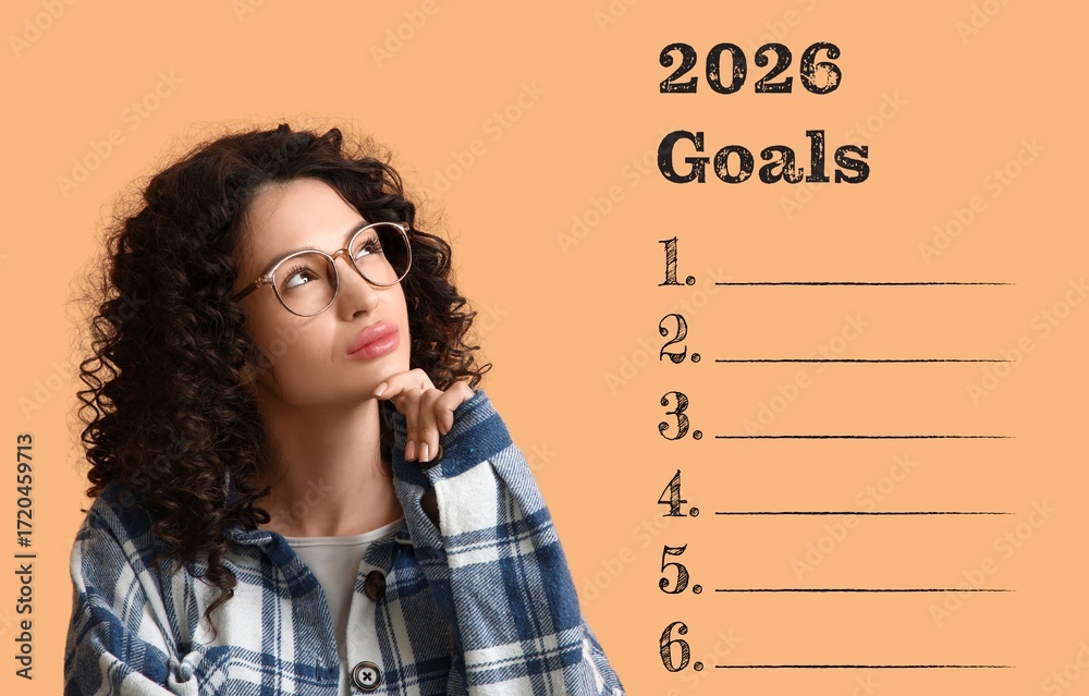Thoughtful young woman and blank list of goals for year 2026 on orange ...