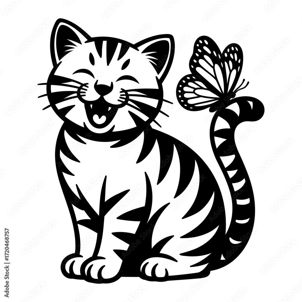 Cute Smiling Tabby Cat with Butterfly Stock Vector | Adobe Stock