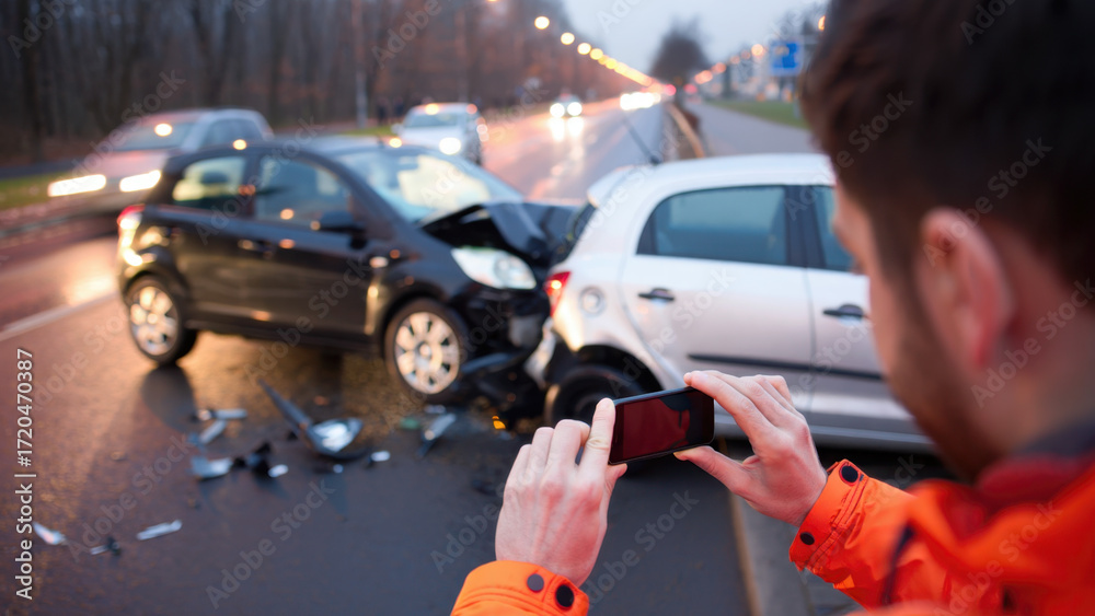 Man taking photo of car accident for insurance claim, road collision ...