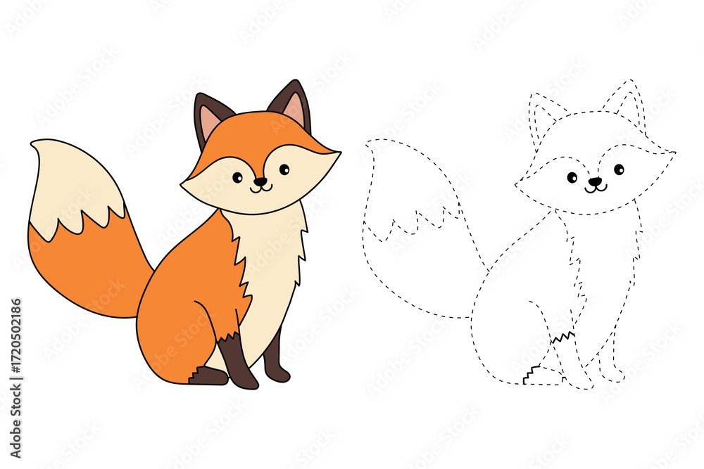 A cute fox coloring pages for kids. Trace and color fox. A cute fox ...