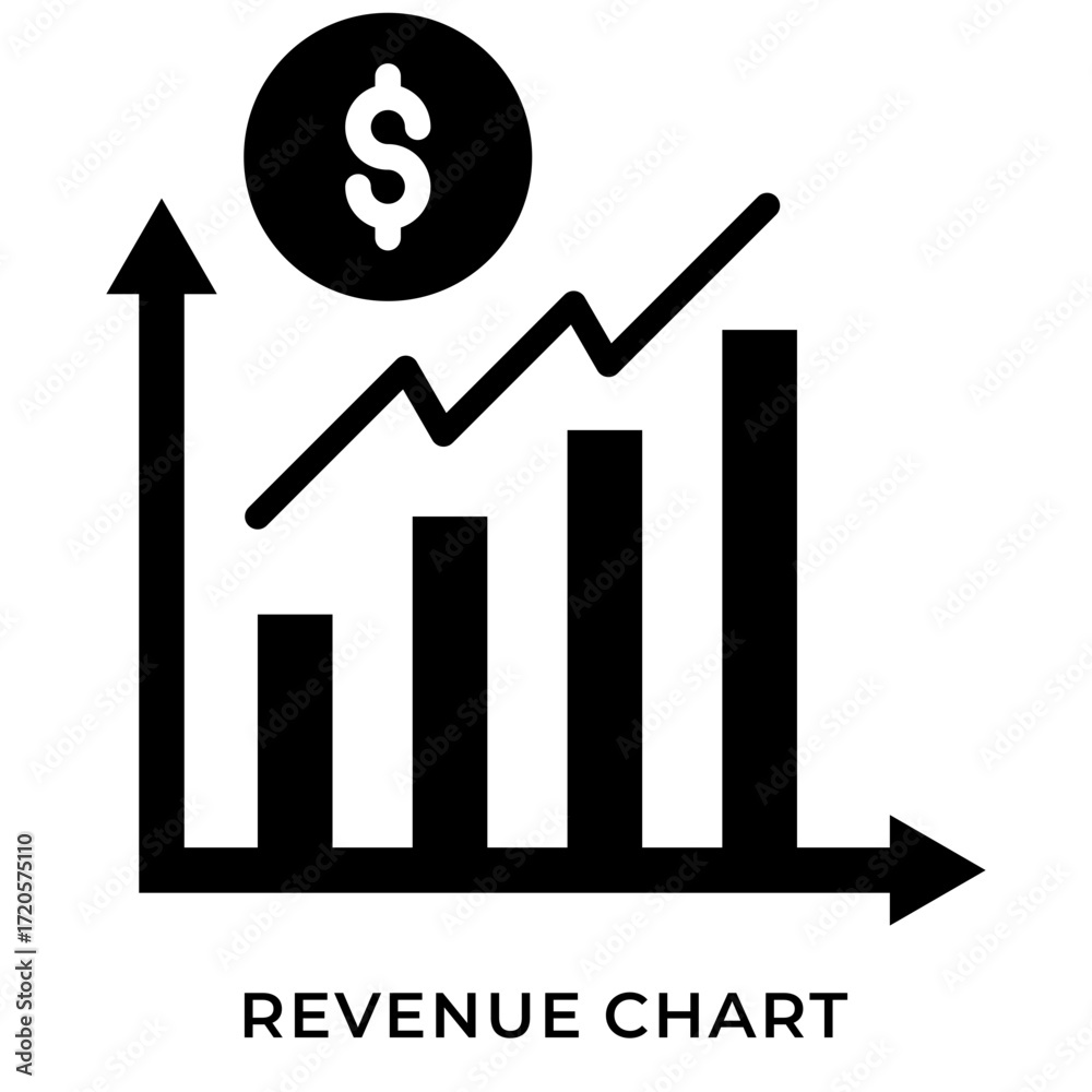 Black Filled Revenue Chart Icon with Dollar Symbol - A bold solid black ...