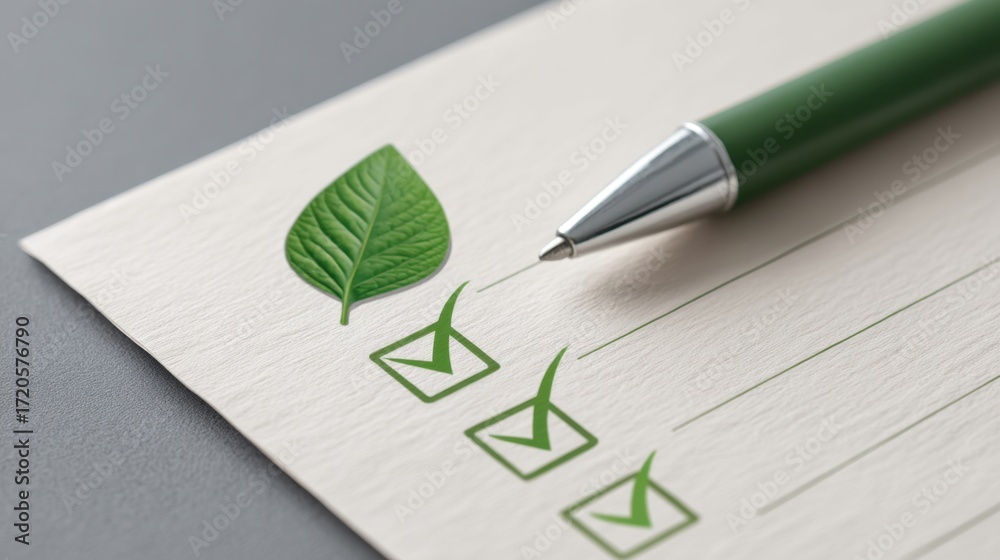 Green Checklist on Recycled Paper with Leaf Design and Green Pen for ...