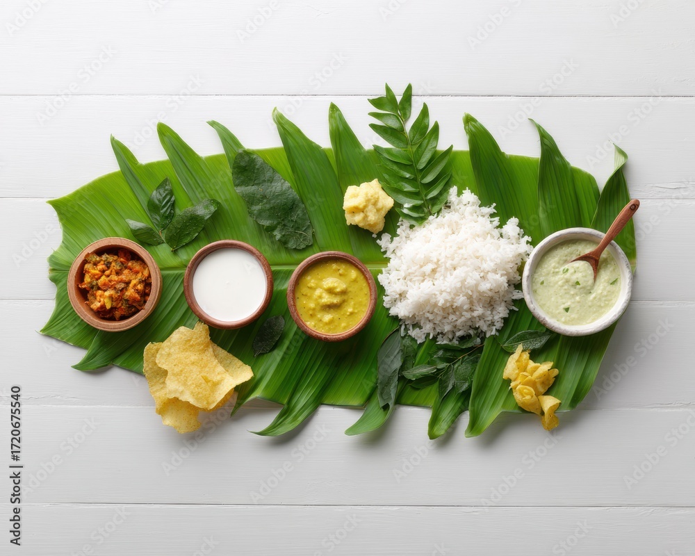 Authentic Onam Sadya Feast with Rice and Curries on Banana Leaf Premium ...