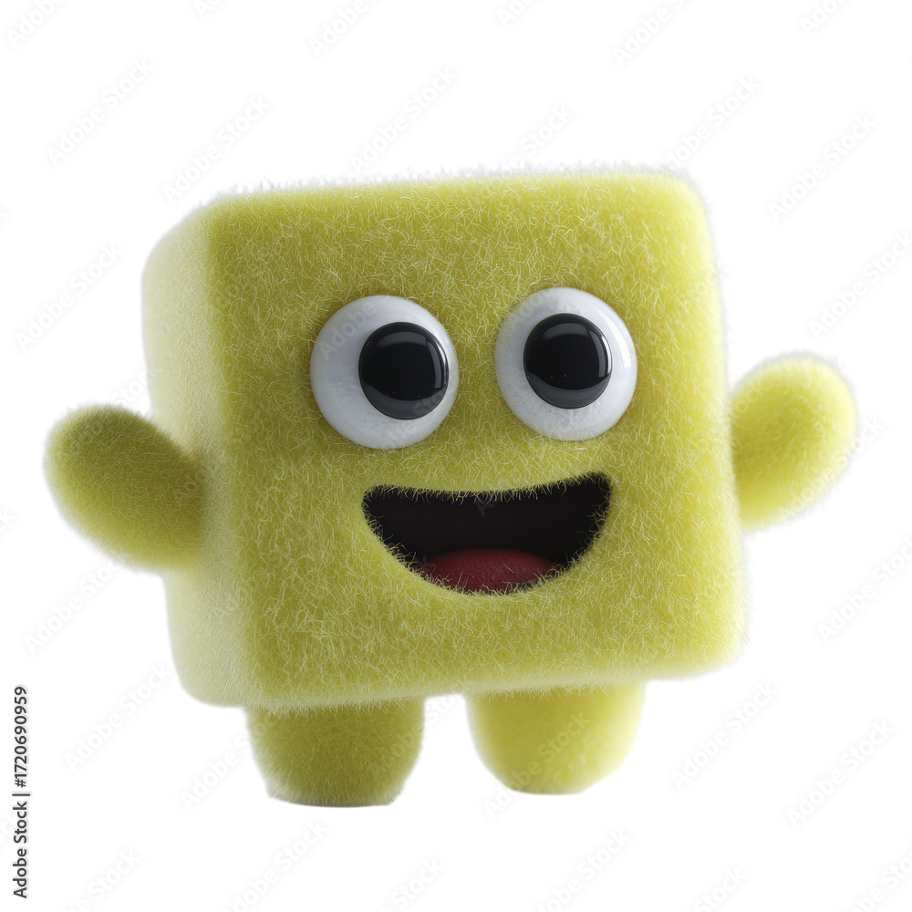 Fluffy yellow square character with big googly eyes and a wide open ...