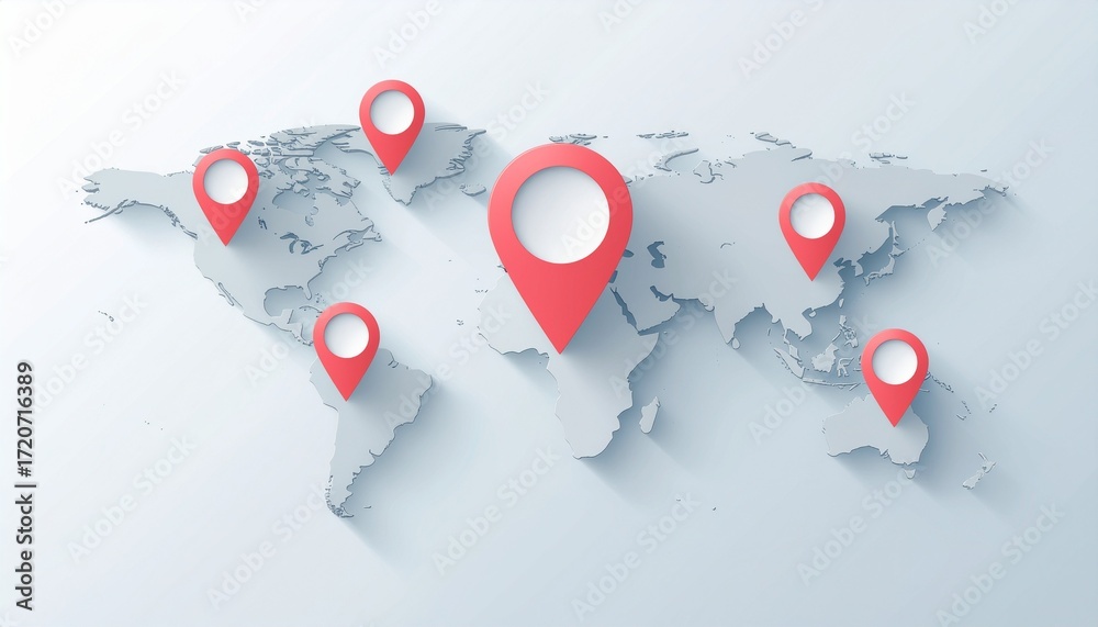 World map with multiple red location pins indicating global points of ...