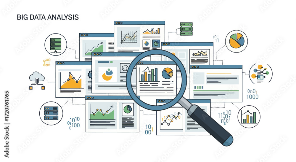 Big data analysis concept illustrated with overlapping browser windows ...