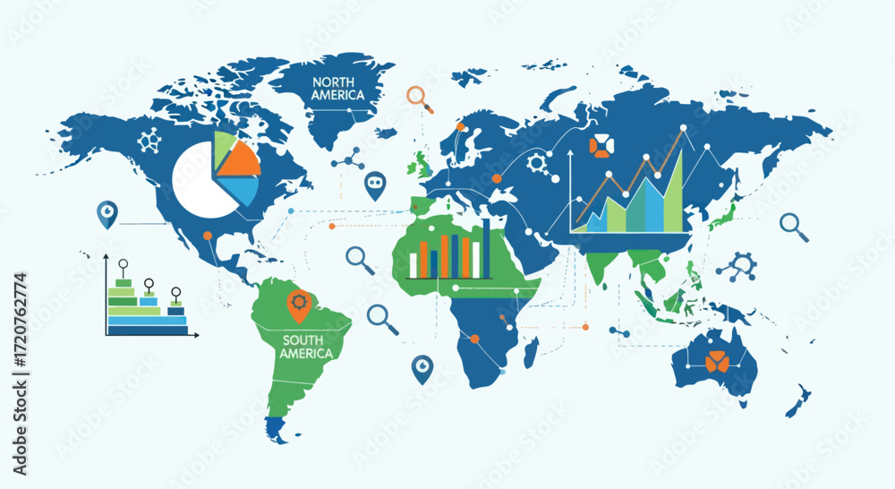 Global data visualization map showcasing economic growth and research ...