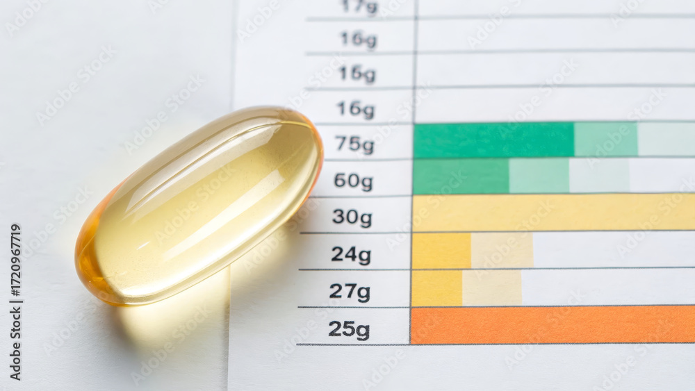 Vitamin B12 supplements concept ,soft gel capsule next to nutrient data ...