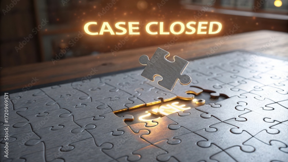 Puzzle piece slotting into place with glowing text reading "Case Closed ...