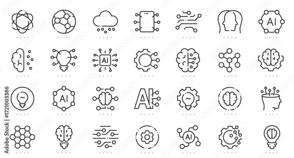 Artificial intelligence icons with brain, neural network, chip, cloud ...