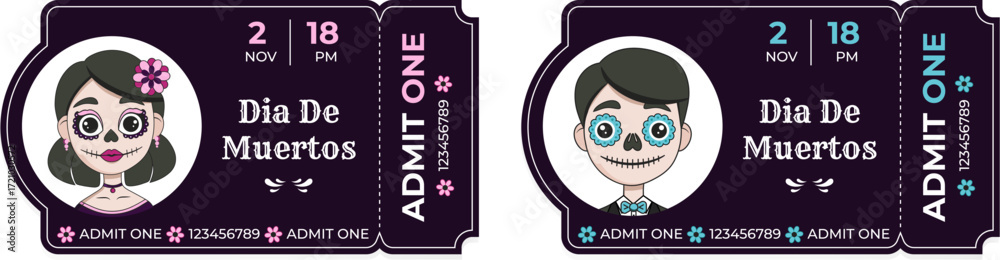Stock-Vektorgrafik „Cartoon ticket templates for Dia de los Muertos ...