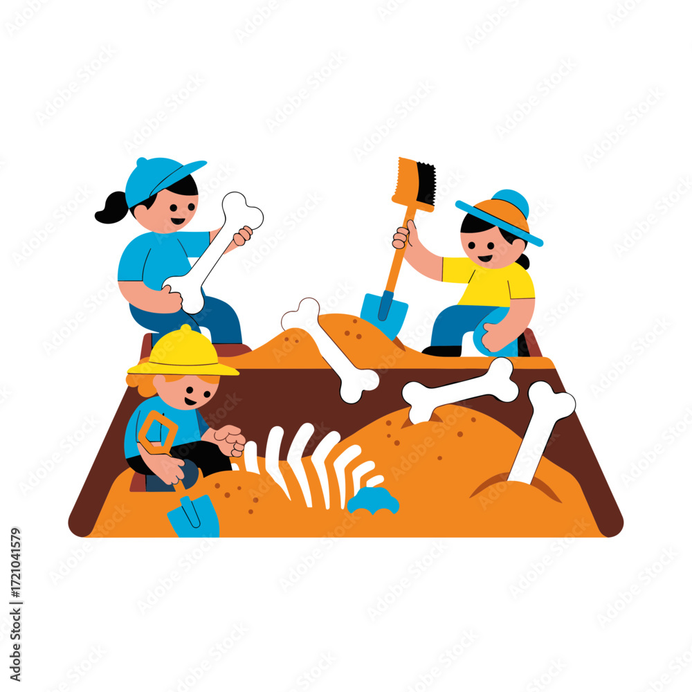 Cartoon children excavating bones a playful archaeological dig ...