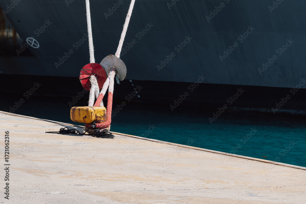 Mooring of a vessel in the port using mooring lines to a bollard on the ...