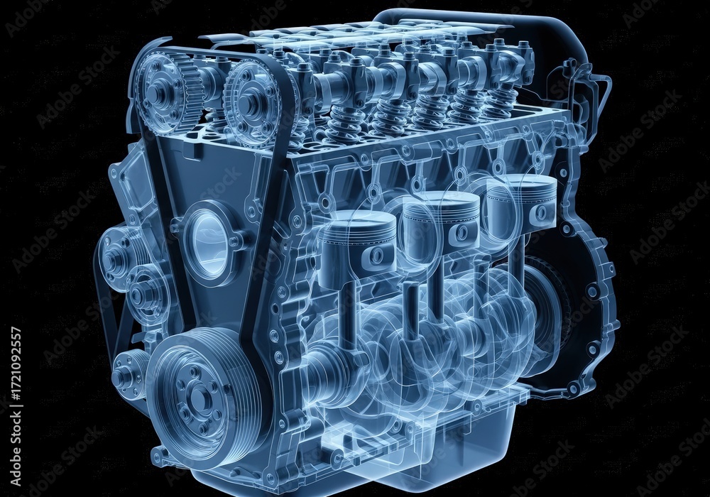 Xray of an internal combustion engine showing the pistons, crankshaft ...