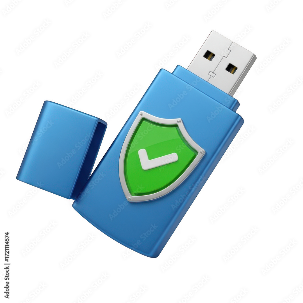 Secure blue usb flash drive with green shield icon for data protection ...